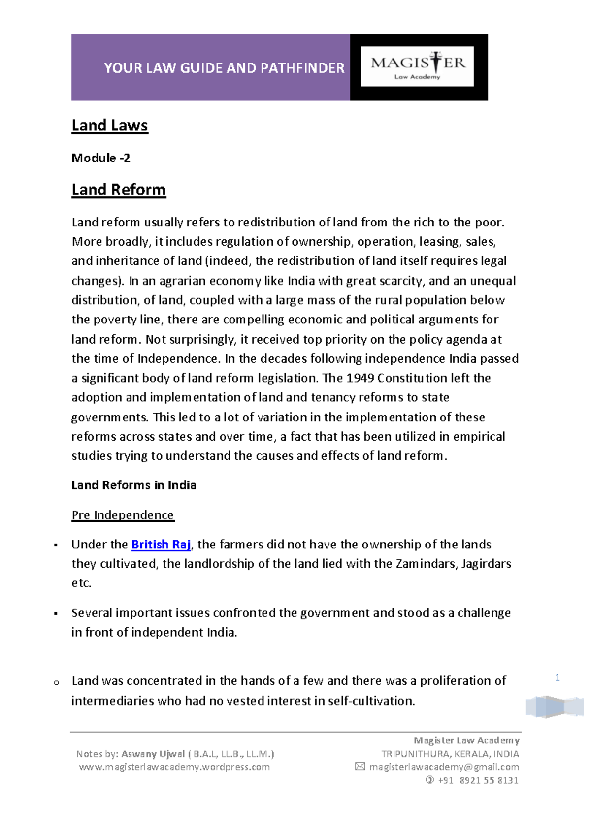 Land Laws - module 2 - Magister Law Academy Notes by: Aswany Ujwal ( B ...