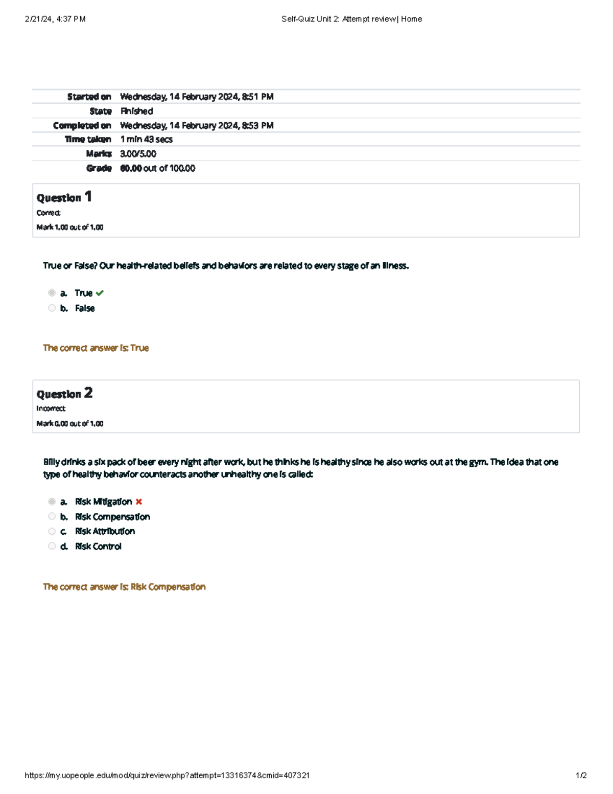 Self-Quiz Unit 2 Attempt review - 2/21/24, 4:37 PM Self-Quiz Unit 2: Attempt review | Home - Studocu