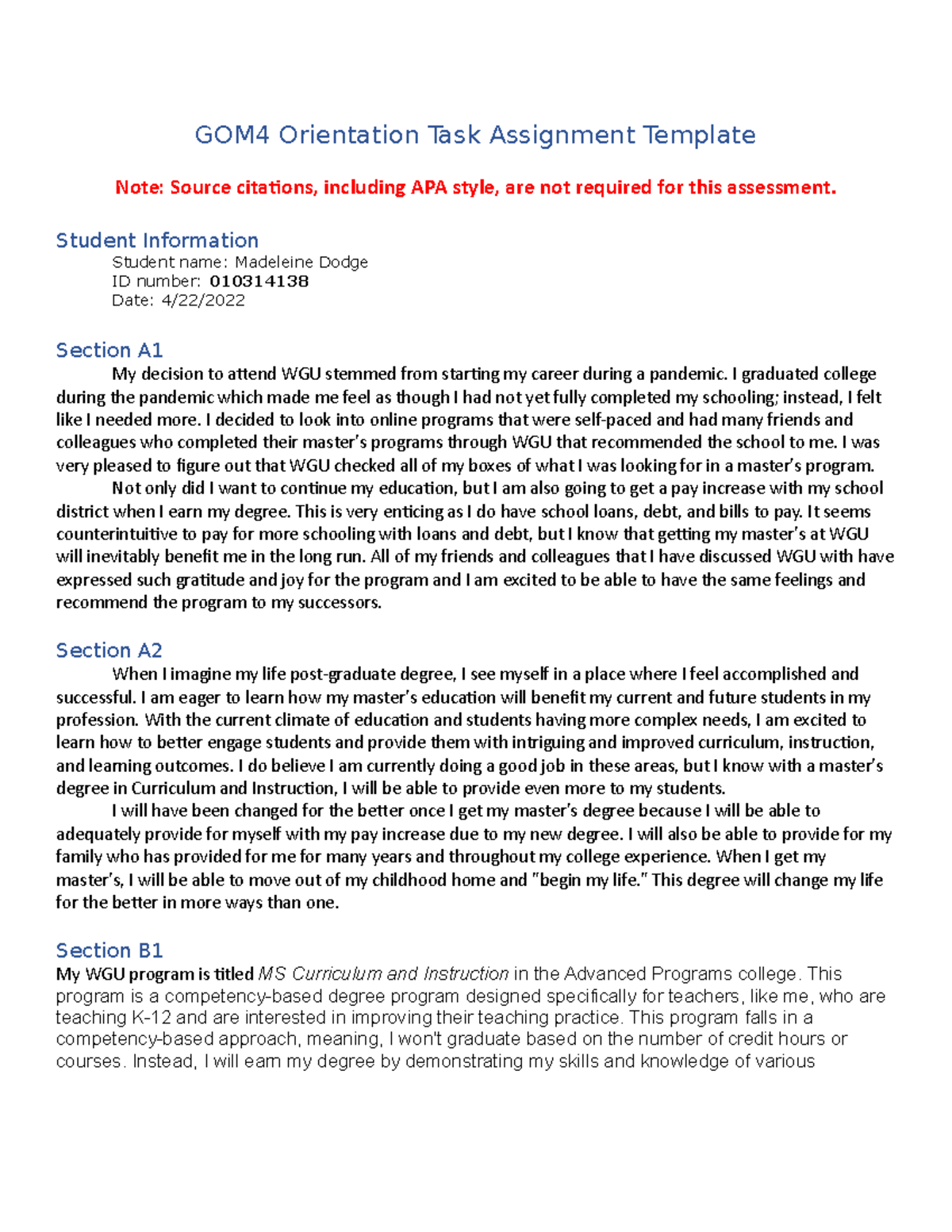 Orientation Task Template for Orientation - GOM4 Orientation Task Assignment Template Note ...