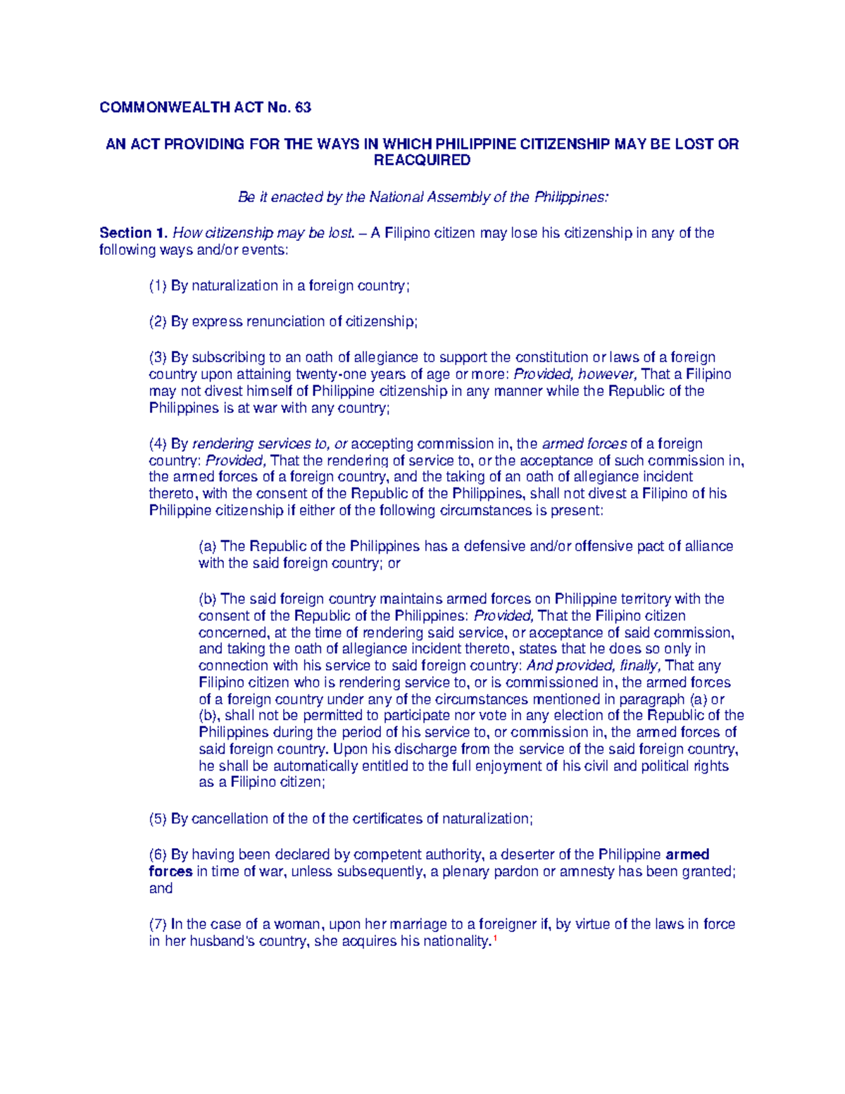 Commonwealth ACT No 63 - Citizenship - COMMONWEALTH ACT No. 63 AN ACT PROVIDING FOR THE WAYS IN ...