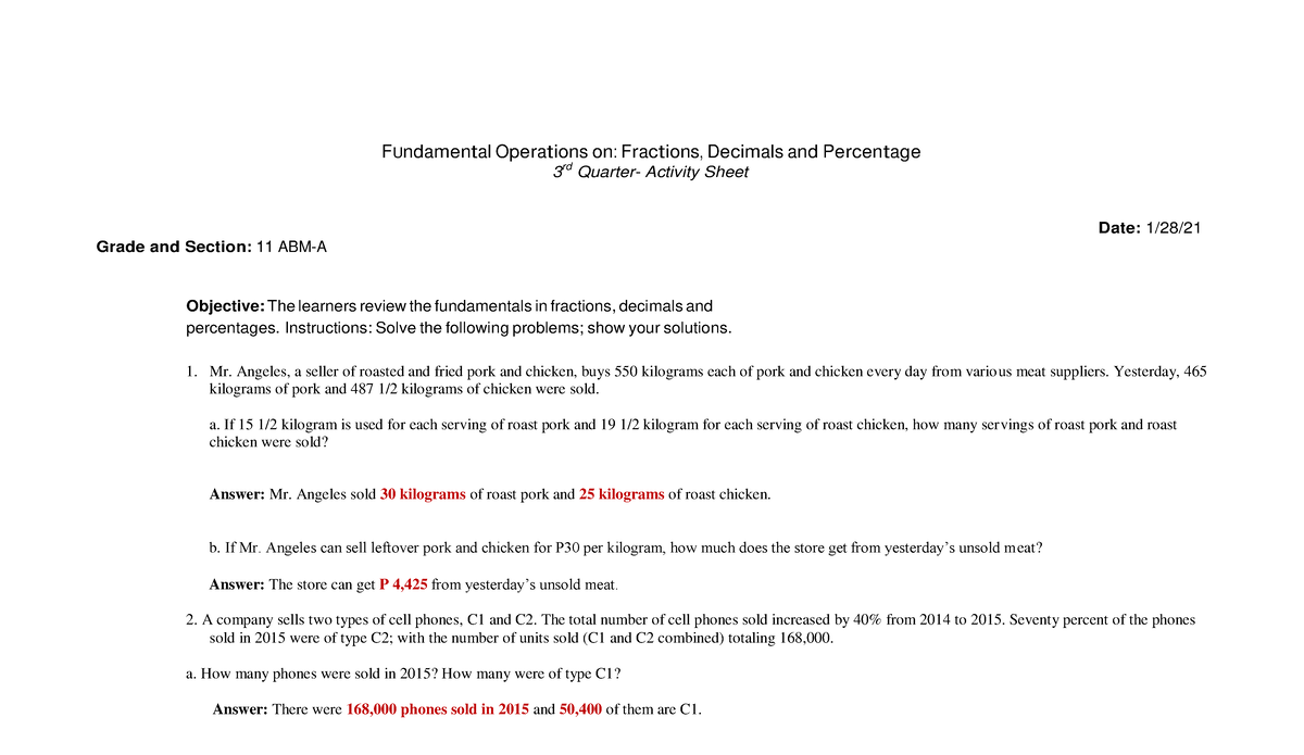 Fractions, Decimals, and Percentage - Instructions: Solve the following ...