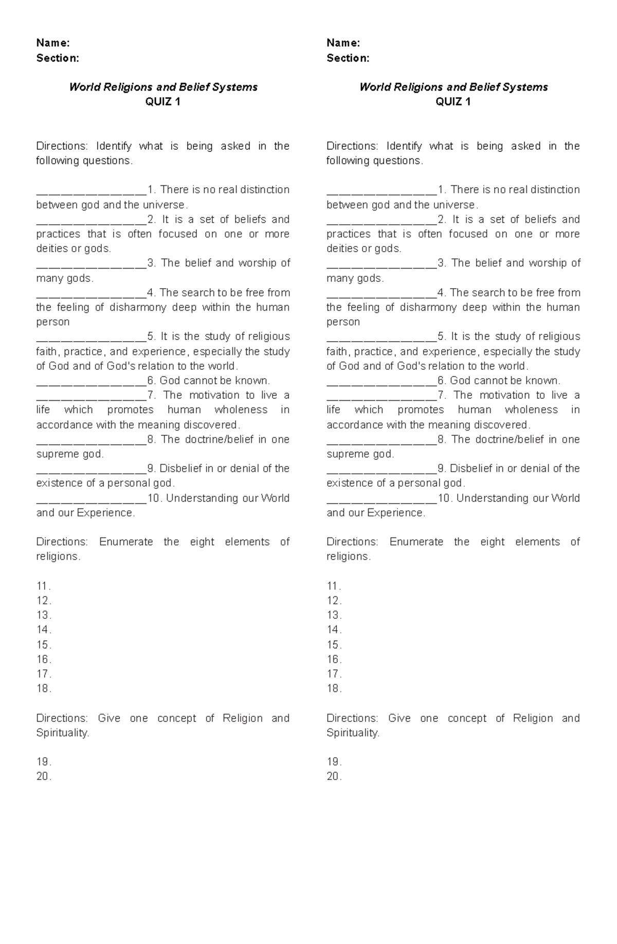 QUIZ 1 IN WRB QR3 - QUIZ SAMPLE - Name: Section: World Religions and ...