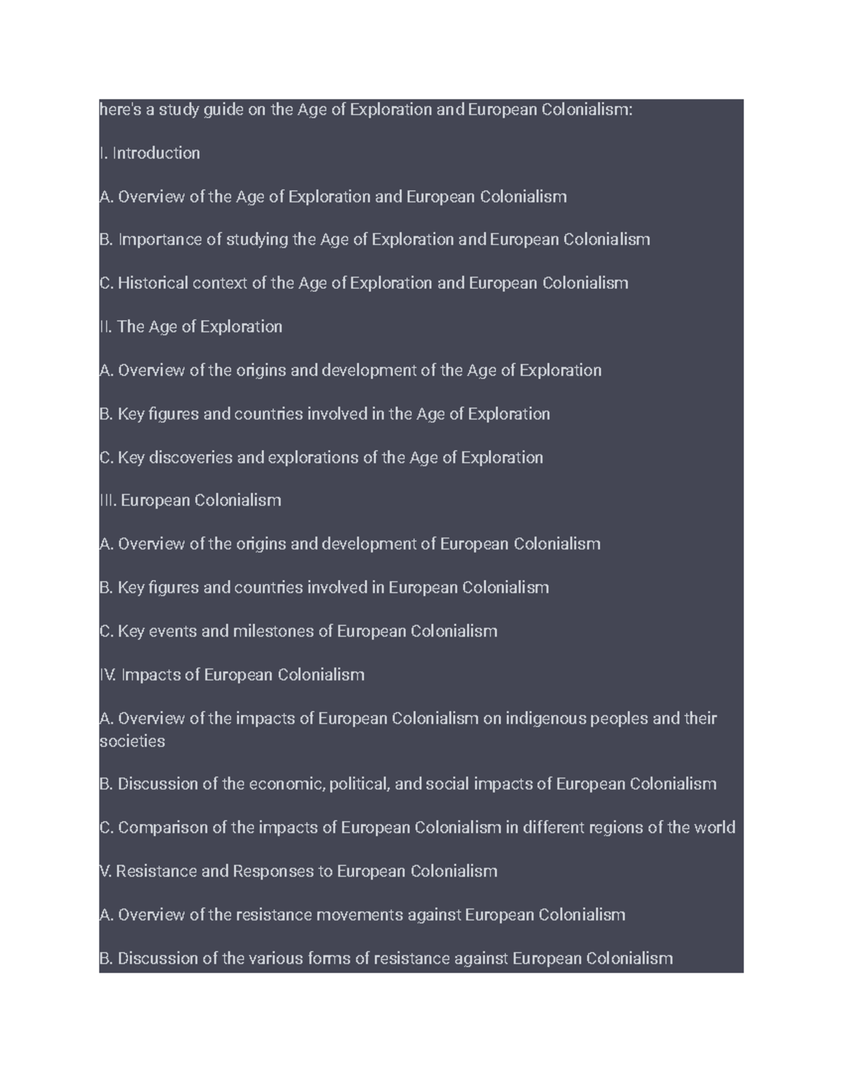 Here's a study guide on the Age of Exploration and European Colonialism ...
