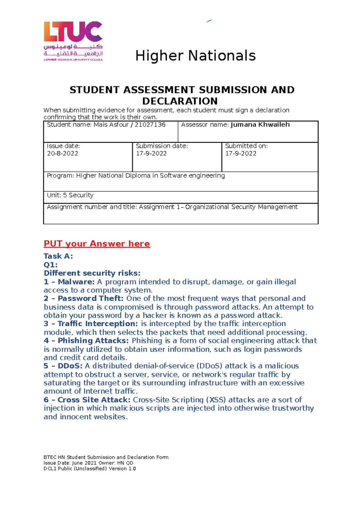 Student Assessment Submission and Declaration mays information Modified ...