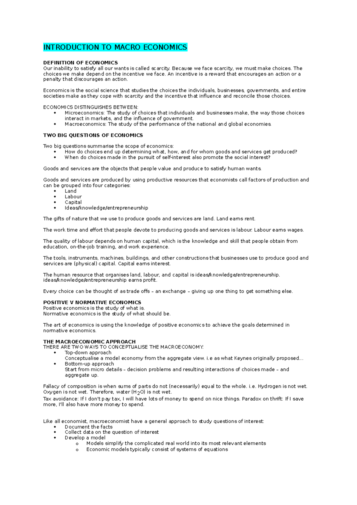 MID SEM FULL Notes - INTRODUCTION TO MACRO ECONOMICS DEFINITION OF ...
