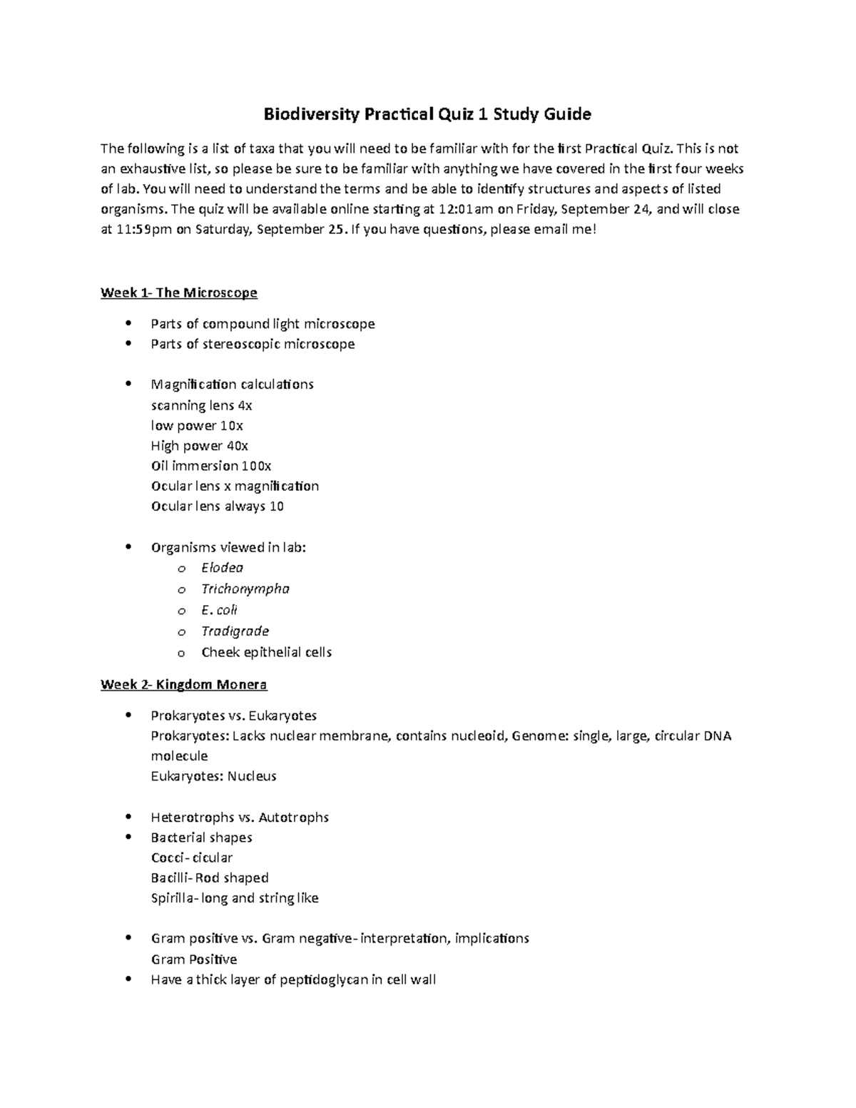 Biodiversity Practical Quiz 1 Study Guide - This is not an exhaustive list, so please be sure to ...
