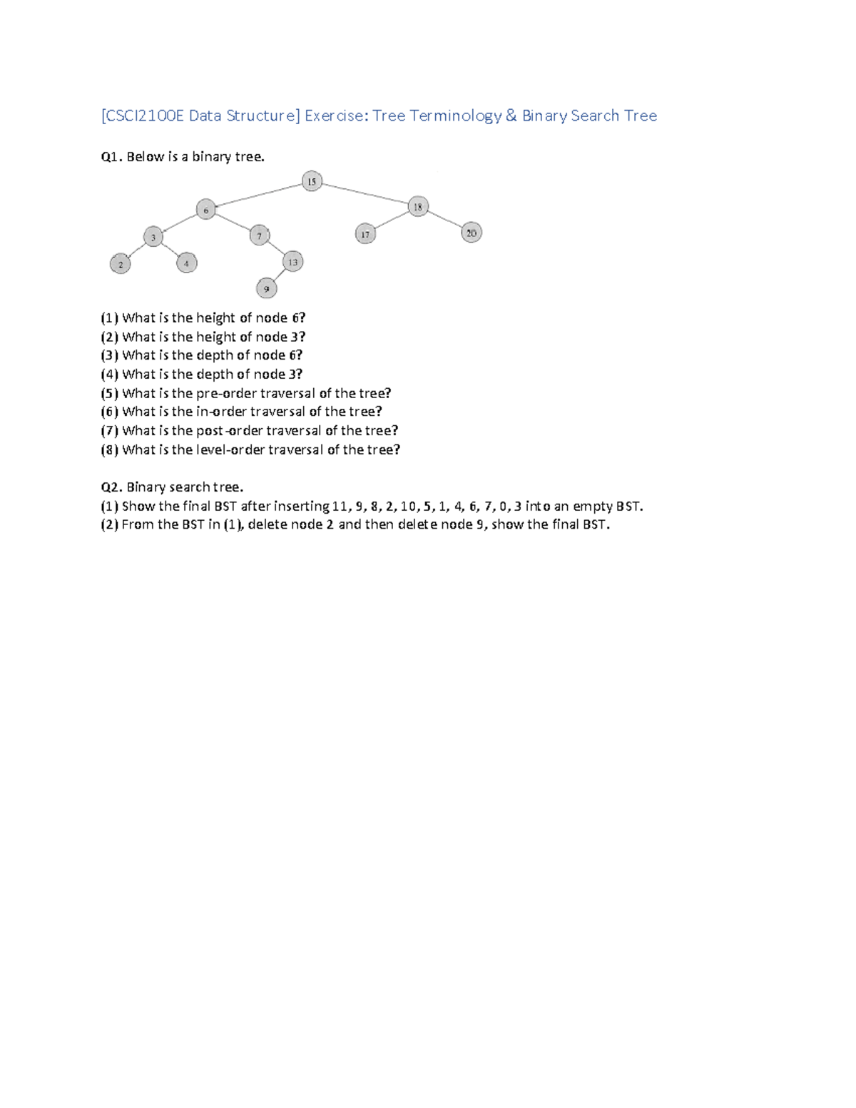 Tree BST exercise - Good practice material - [CSCI2100E Data Structure ...