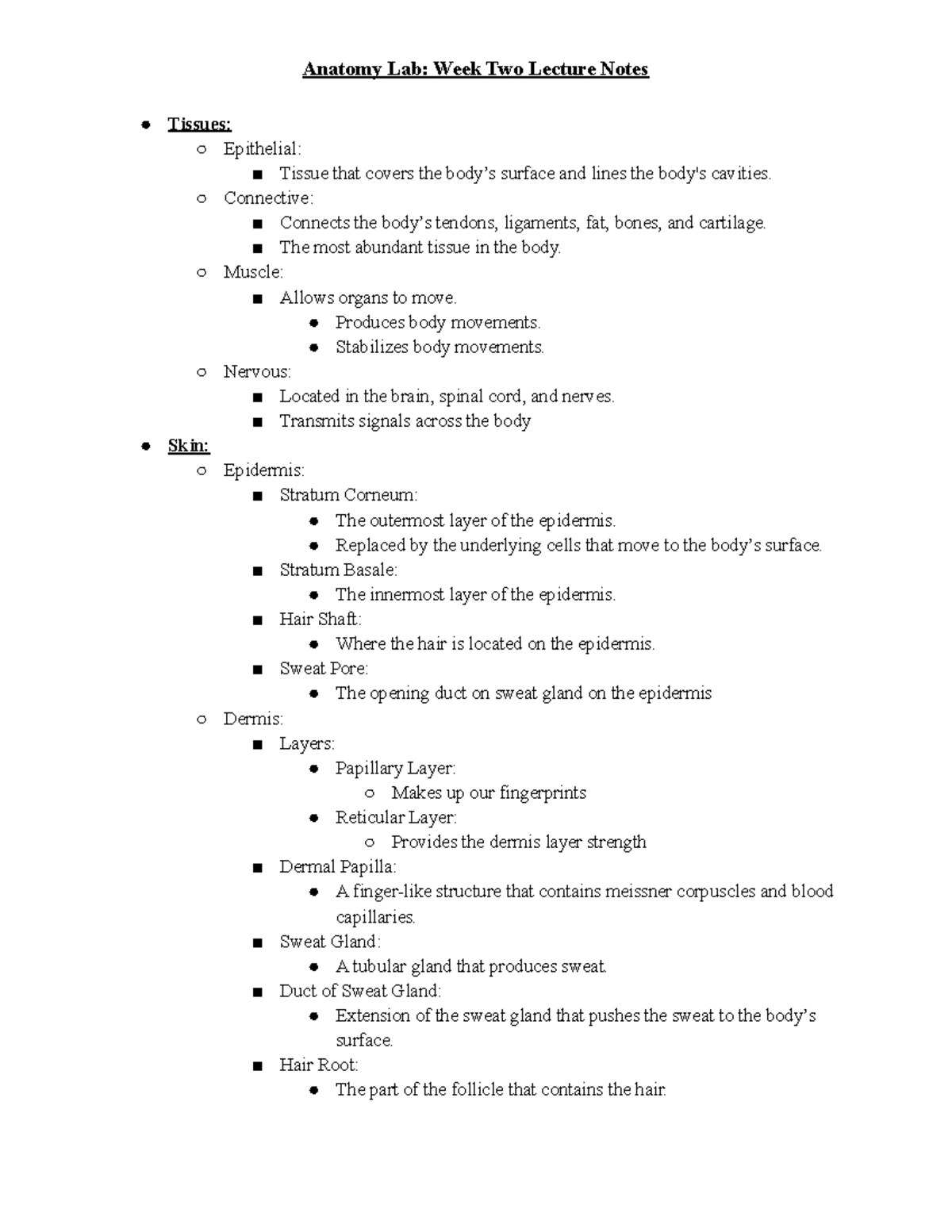 Anatomy Lab Week Two Lecture Notes - Tissues: Epithelial: Tissue that ...