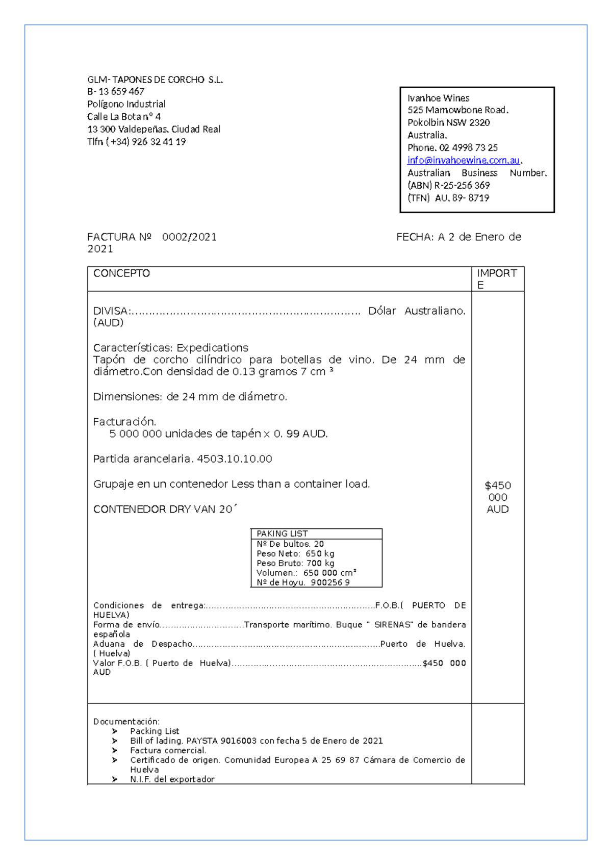 Caso práctico dua de exportacion 1 - GLM- TAPONES DE CORCHO S. B- 13 ...
