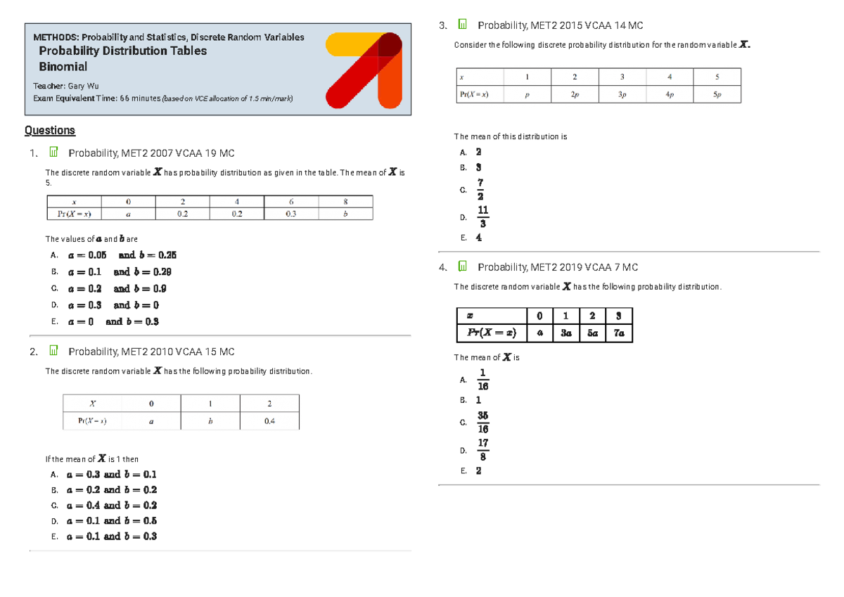 Probability Snapshot task 2 - 1. Probability, MET2 2007 VCAA 19 MC 2 ...