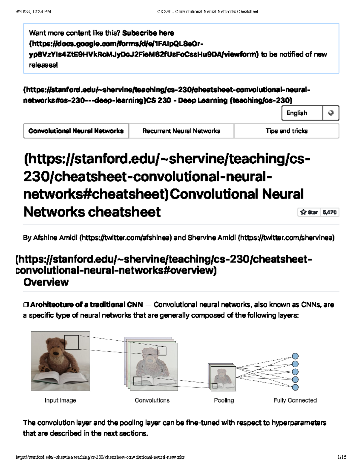 Cs 230 Convolutional Neural Networks Cheatsheet Stanford ~shervine Teaching Cs 230