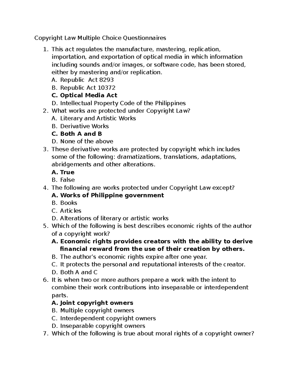 Copyright Law Questionnaires - Copyright Law Multiple Choice ...