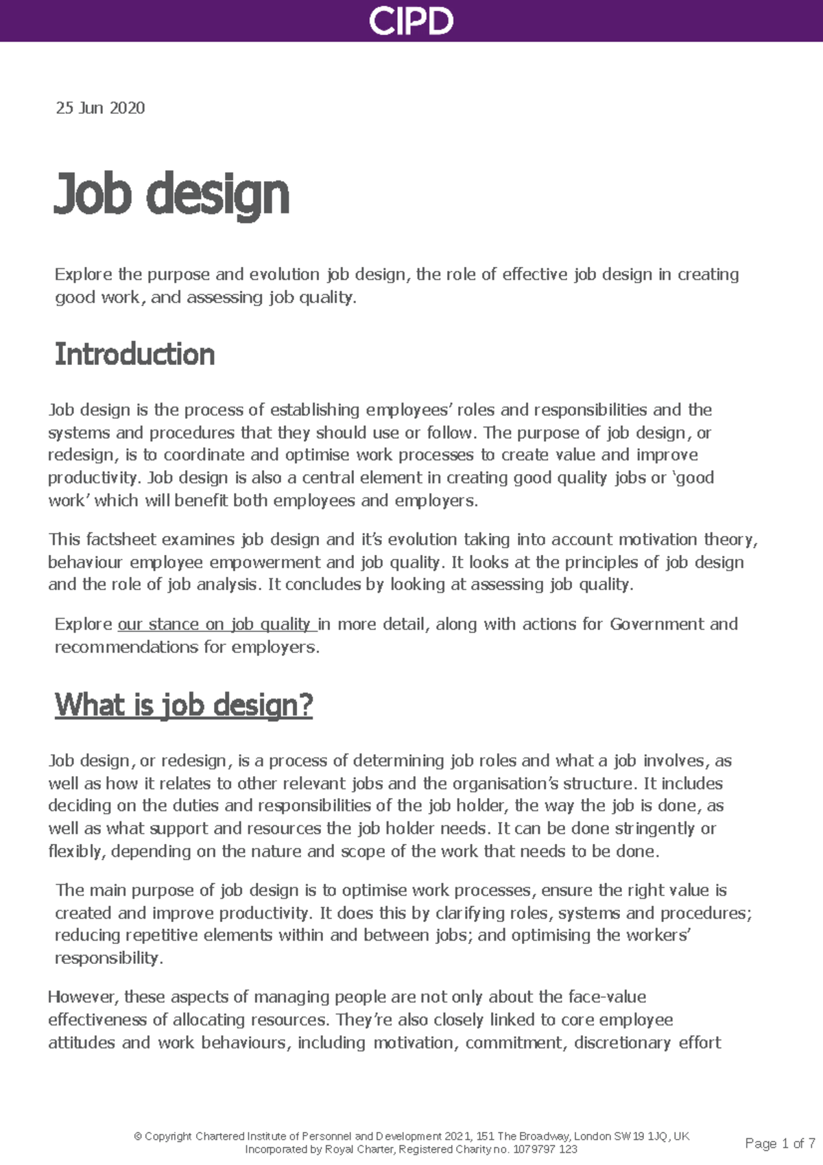Job design factsheet - © Copyright Chartered Institute of Personnel and ...