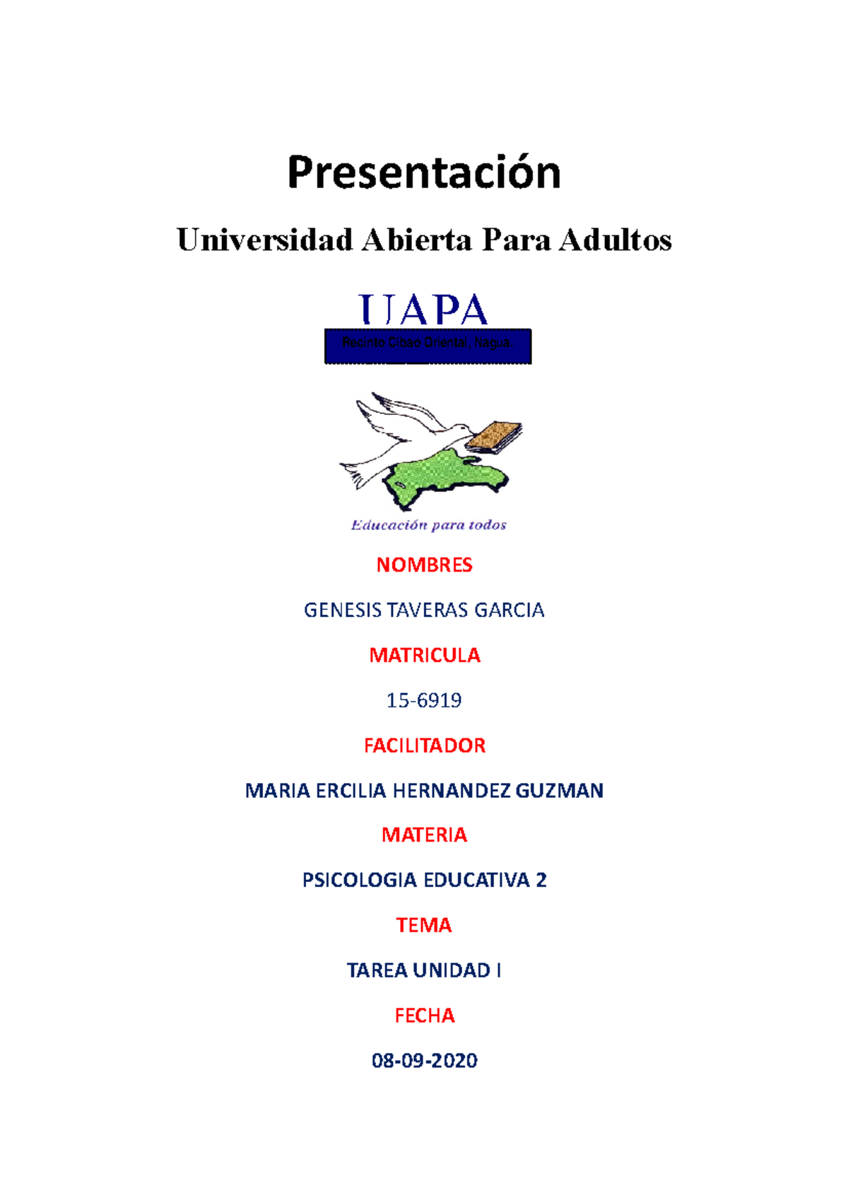 Tarea 1 Psicologia EDU 2 - UAPA Presentación Universidad Abierta Para ...