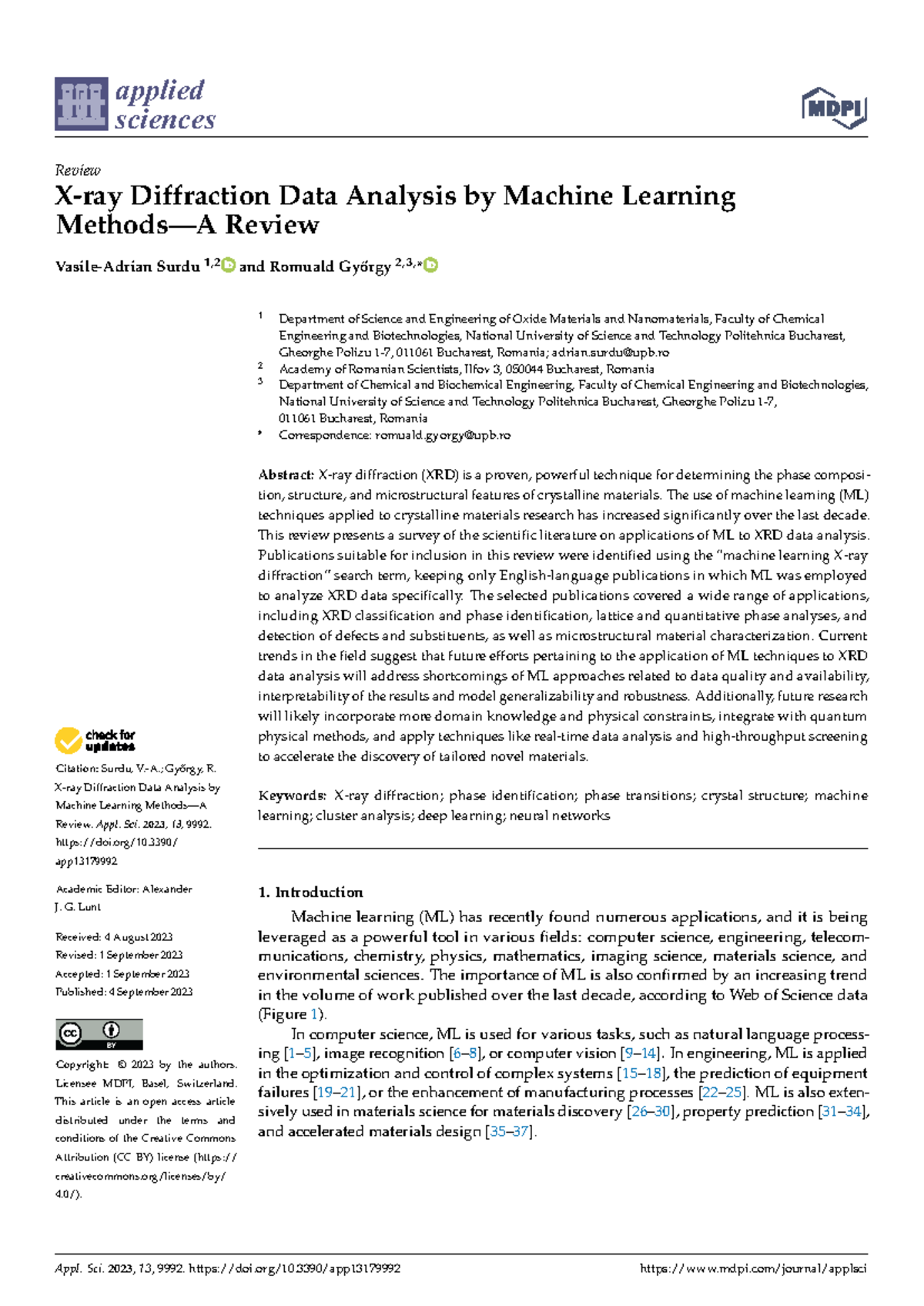 # X-ray Diffraction Data Analysis by Machine Learning Methods - Citation: Surdu, V.-A.; Gy ̋orgy ...