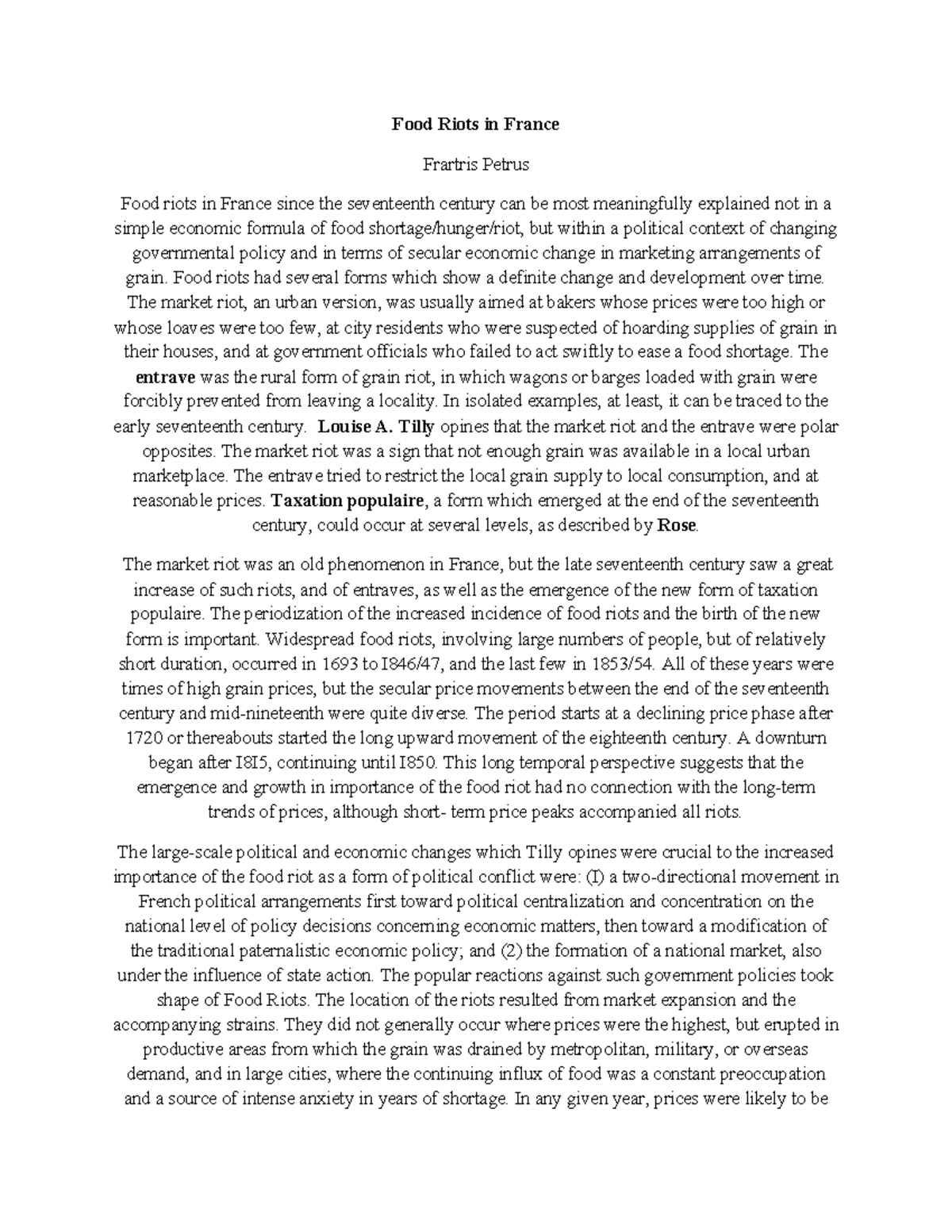 Food Riots in France - Summary Ba Honours History - Food Riots in ...