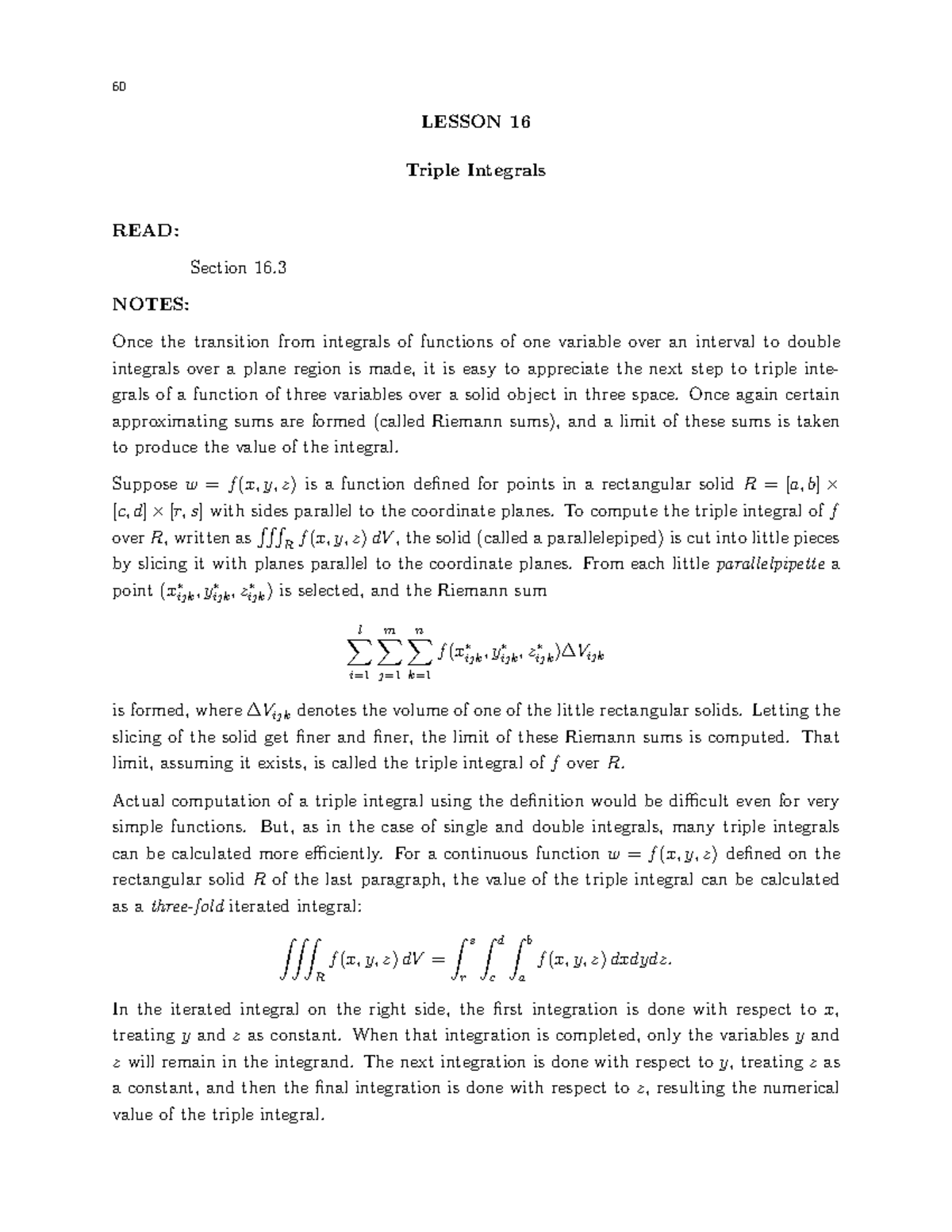 L16 Notes - Lecture 16 - LESSON 16 Triple Integrals READ: Section 16 ...