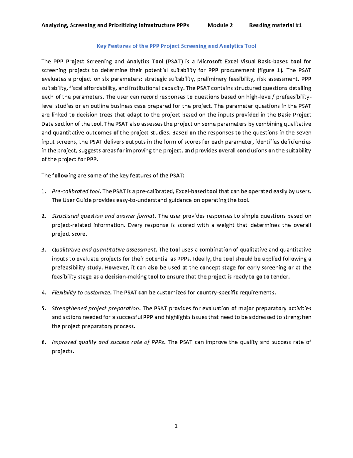Module 2 Reading 1 Key PSAT Features - Analyzing, Screening and Prioritizing Infrastructure PPPs ...