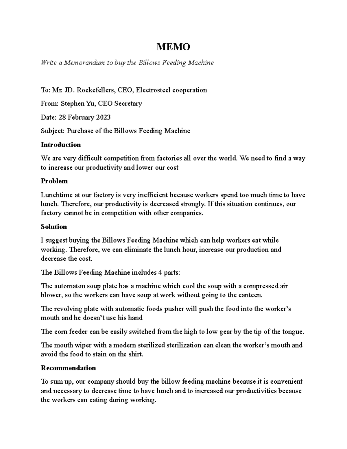 MEMO - MEMO Write a Memorandum to buy the Billows Feeding Machine To ...