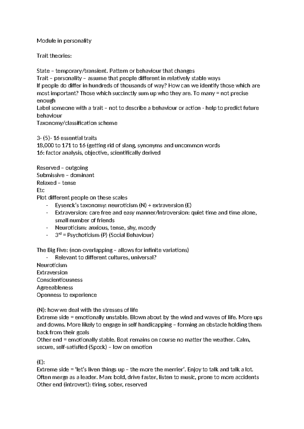 Module in Personality - Module in personality Trait theories: State ...
