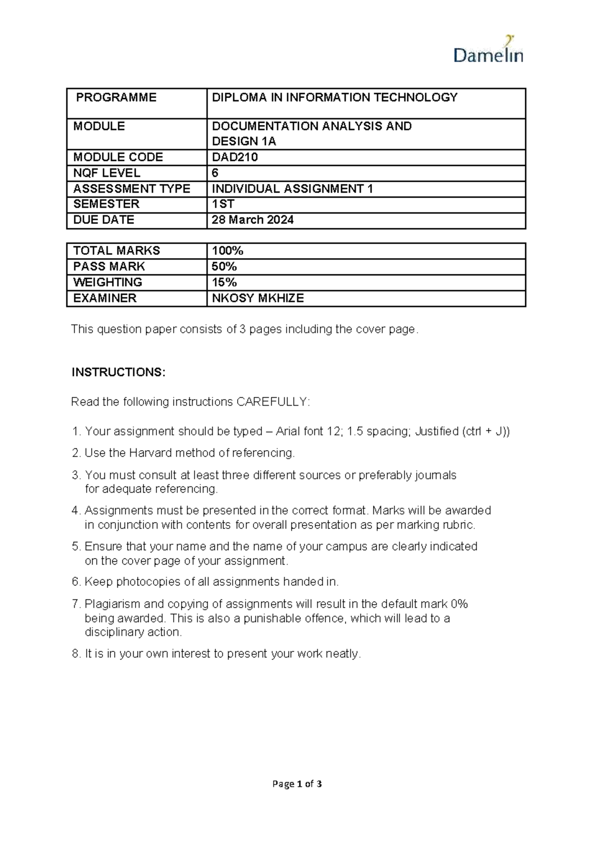 Assignment 1 24 HE IT FT DAD210 - PROGRAMME DIPLOMA IN INFORMATION ...