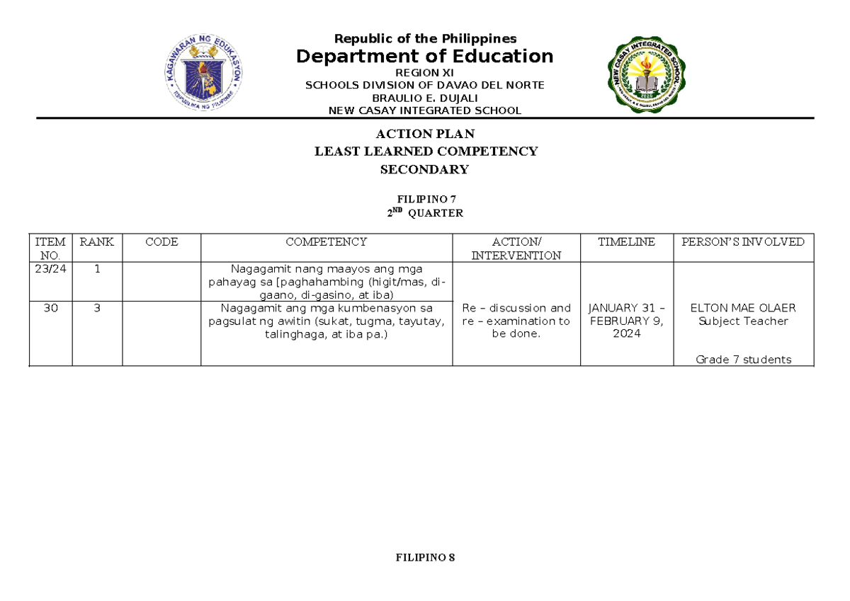 Action PLAN LLC ENGQ2 - THANK YOU - Republic of the Philippines ...