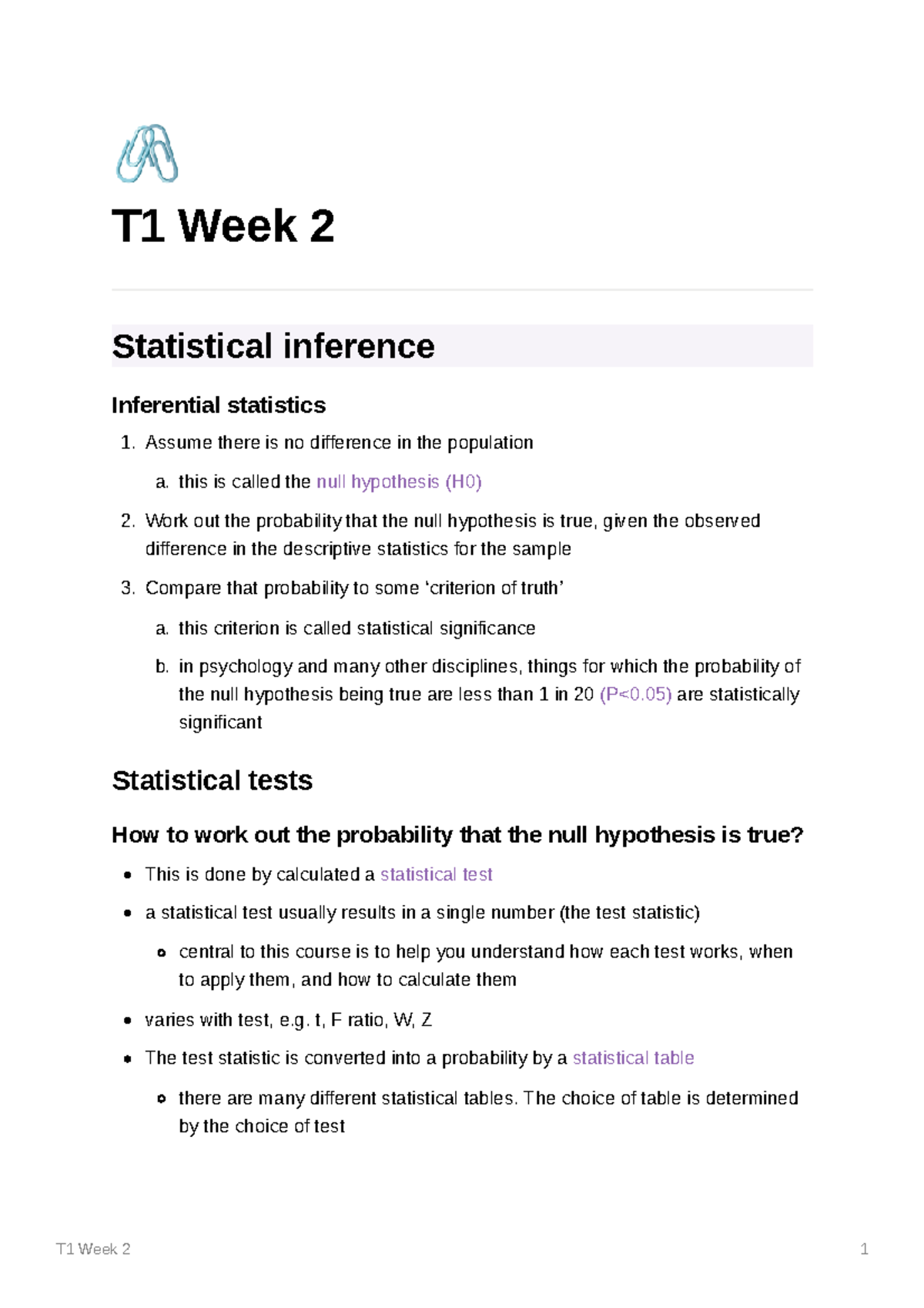Psy1205 Week2 Lecture Notes T T1 Week 2 Statistical Inference Inferential Statistics Assume