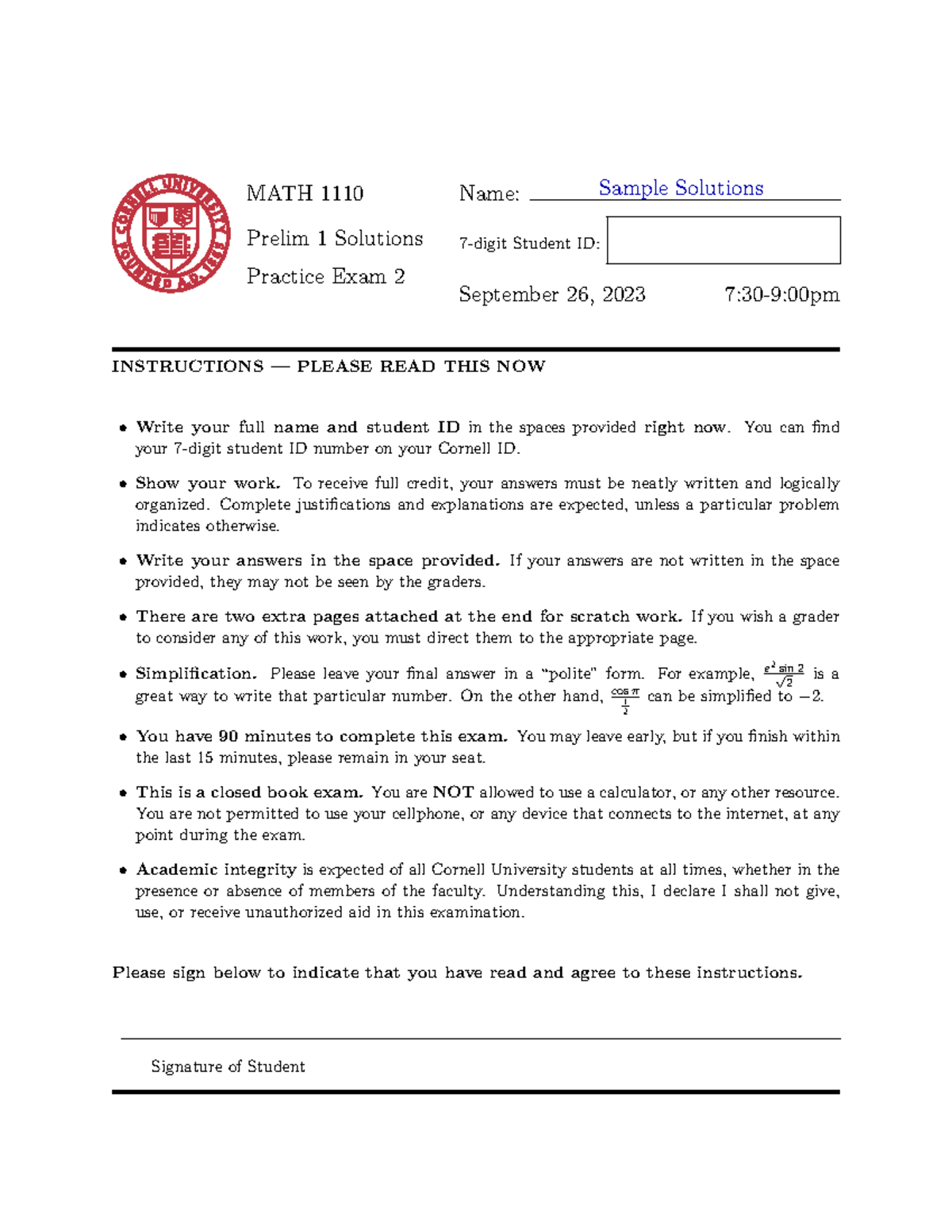 Prelim 1 (Practice 2) KEY - MATH 1110 Prelim 1 Solutions Practice Exam ...