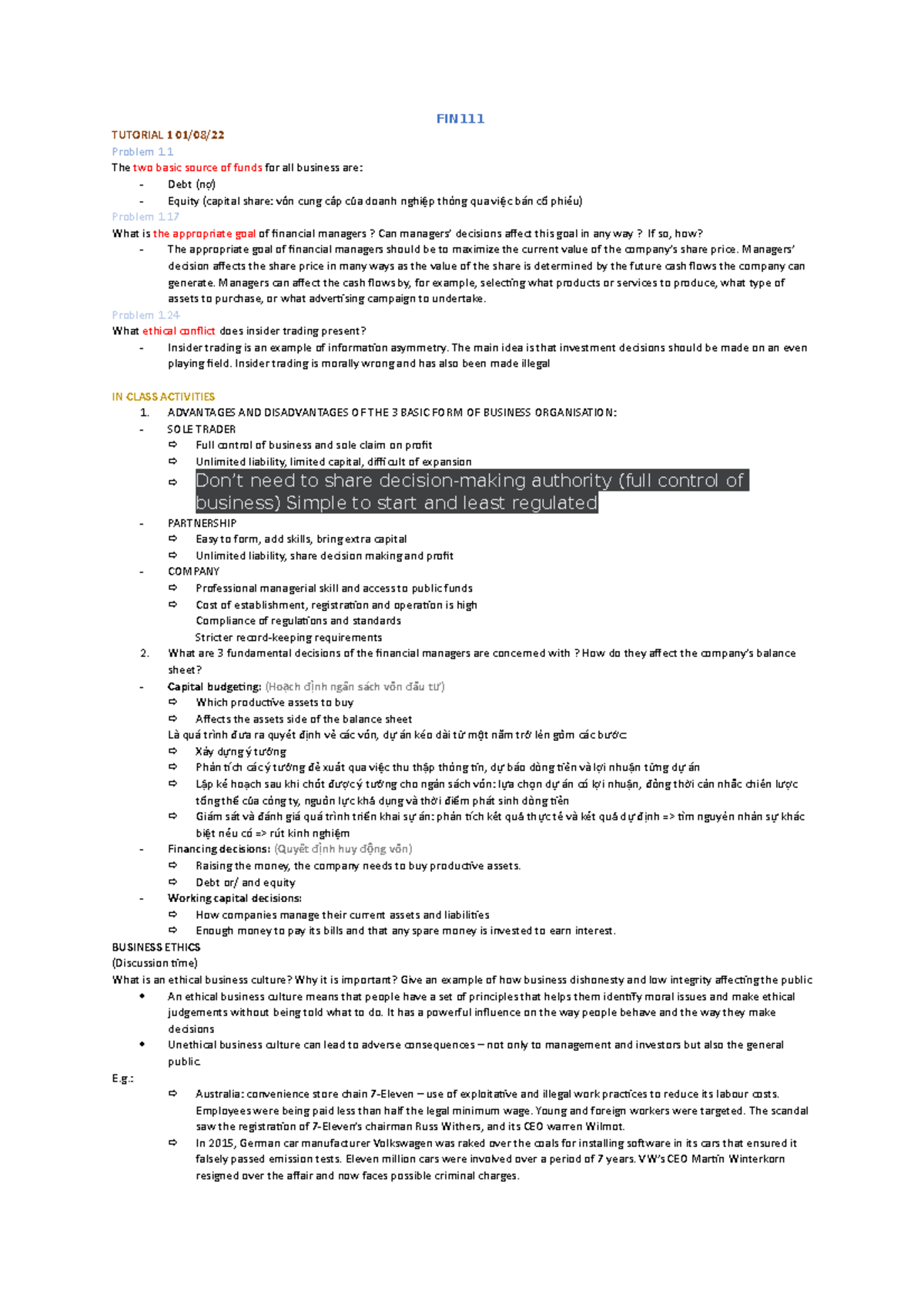 FIN111 Tut 1 note - HGVJ - FIN TUTORIAL 1 01/08/ Problem 1. The two ...