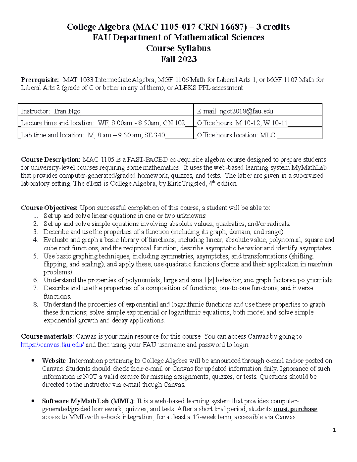 Mac 1105 College Algebra Fall 2023 Syllabus In Person 1 College