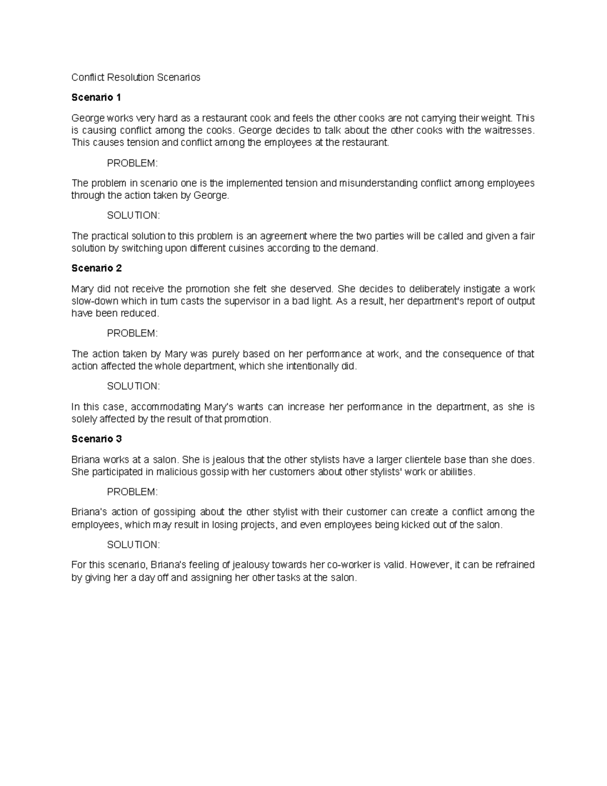 Conflict Resolution Scenarios - Conflict Resolution Scenarios Scenario ...