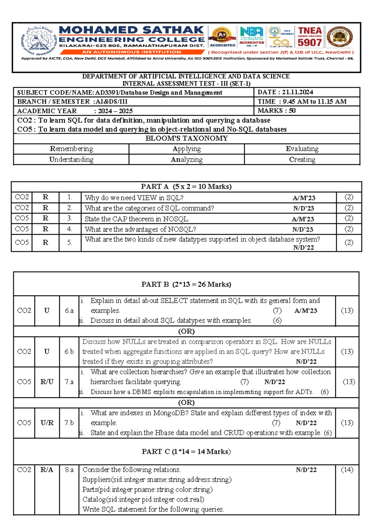 Ad3391- IAT question set - DEPARTMENT OF ARTIFICIAL INTELLIGENCE AND ...