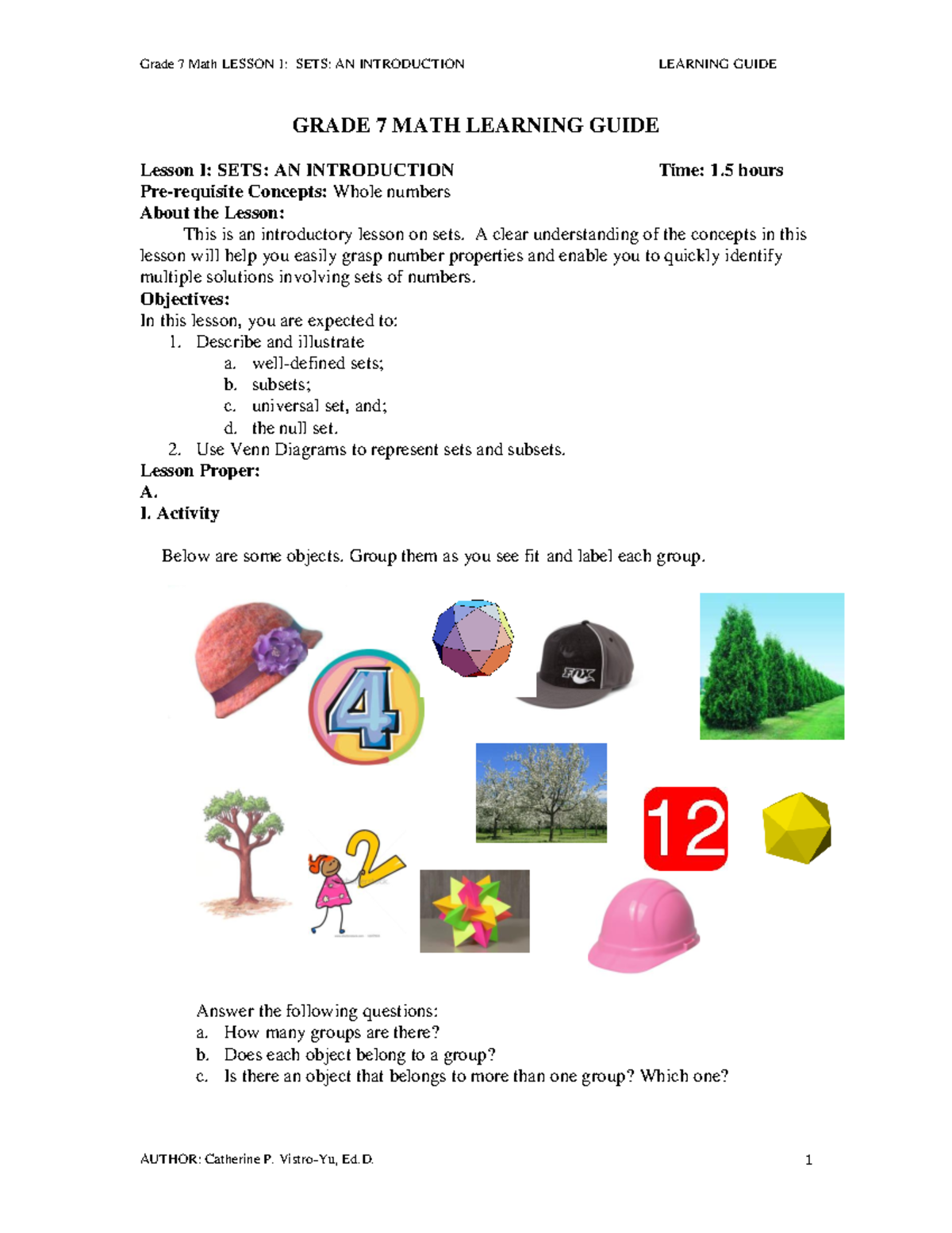 Introduction to sets final lg - GRADE 7 MATH LEARNING GUIDE Lesson I ...