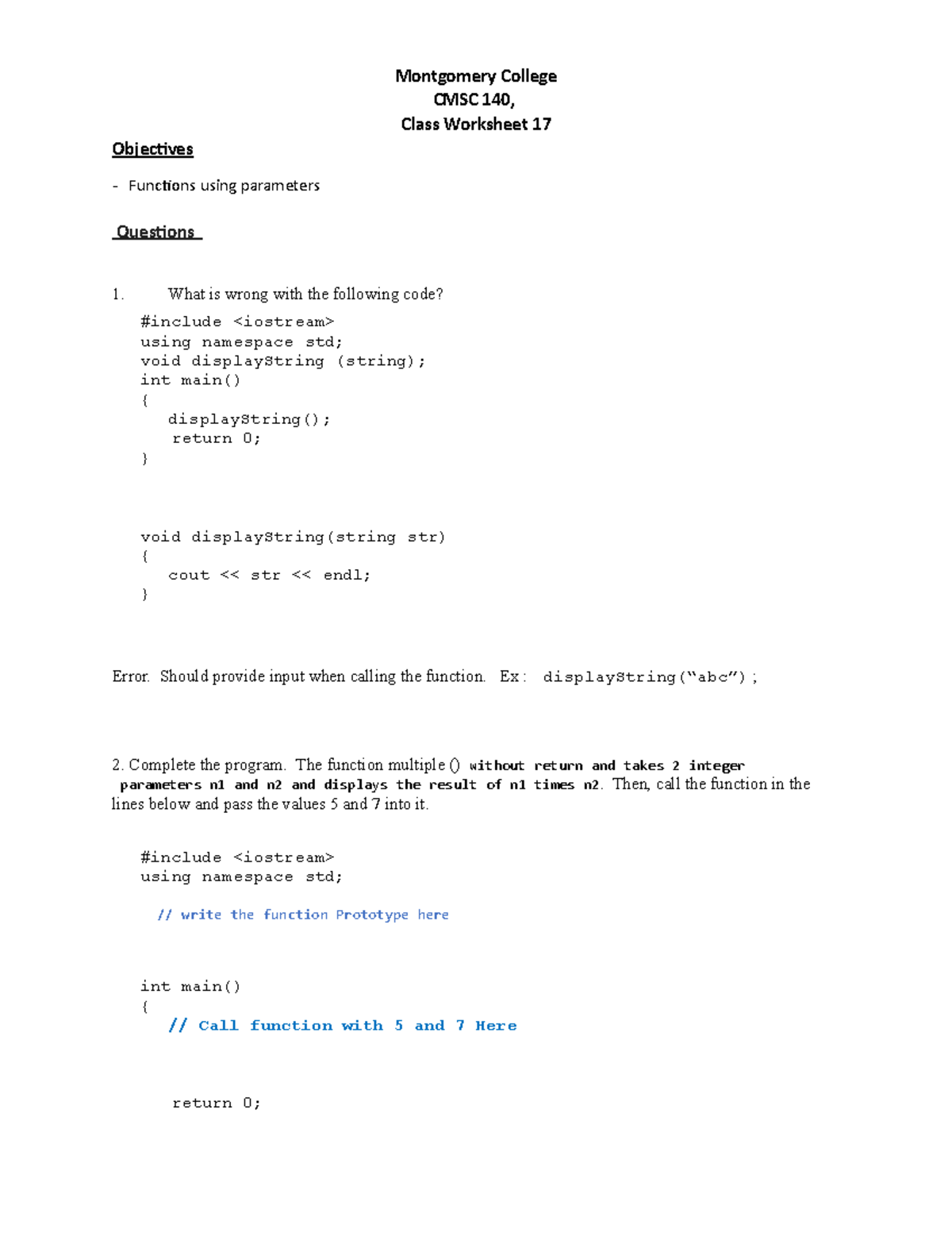 Cmsc 140 w17 - worksheet - Montgomery College CMSC 140, Class Worksheet ...