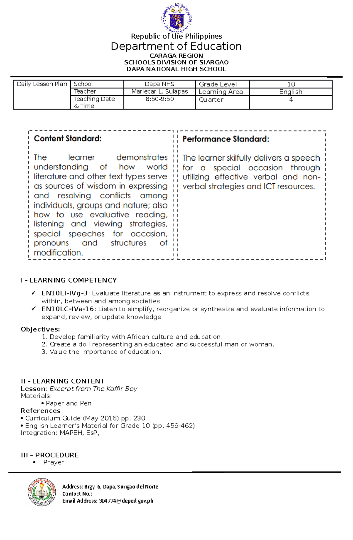 Daily Lesson Plan - english 10 - Department of Education CARAGA REGION ...