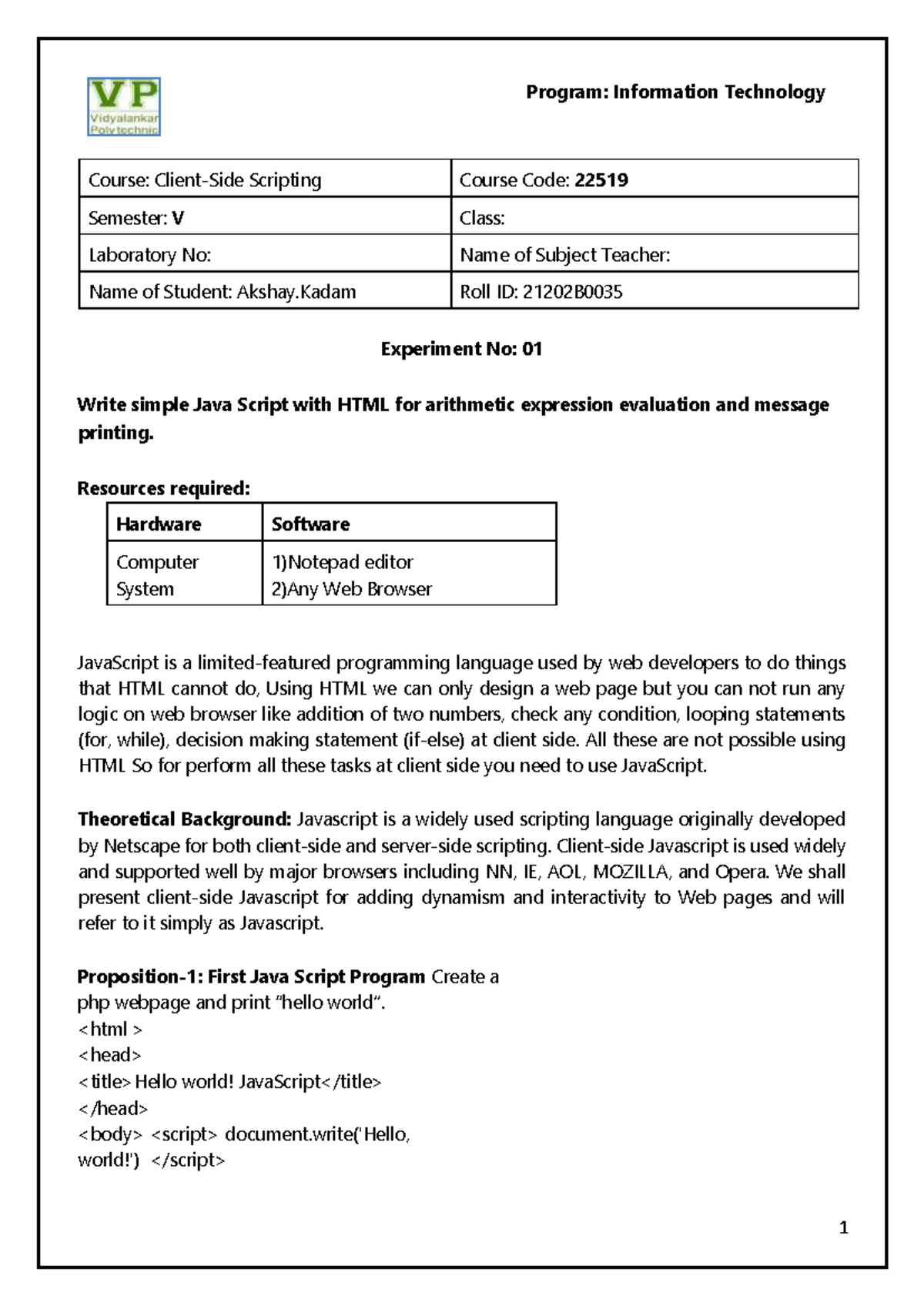 CSS 21202 B0035 exp 1 to 8 - Program: Information Technology Course: Client-Side Scripting ...