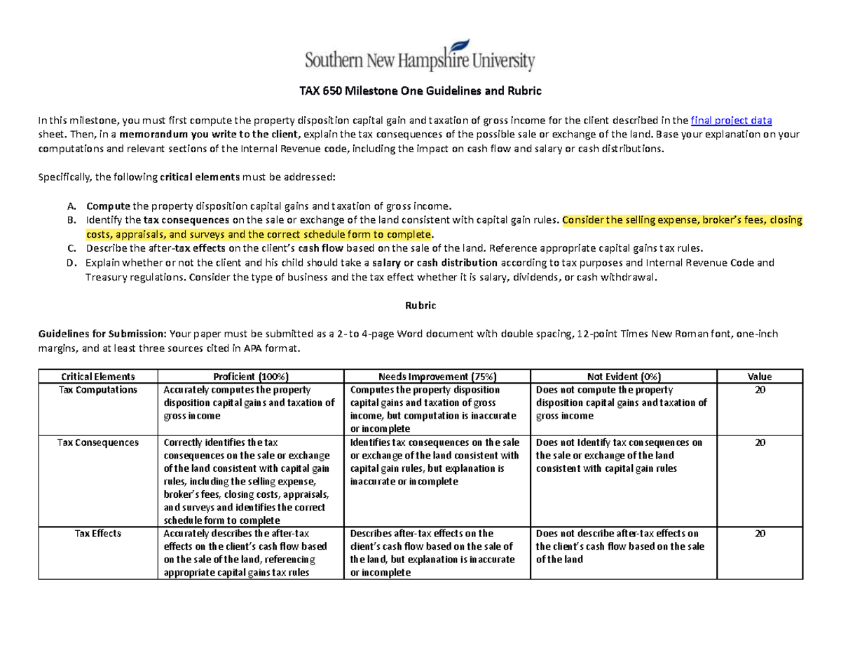 TAX 650 Milestone One Guidelines and Rubric - Then, in a memorandum you ...