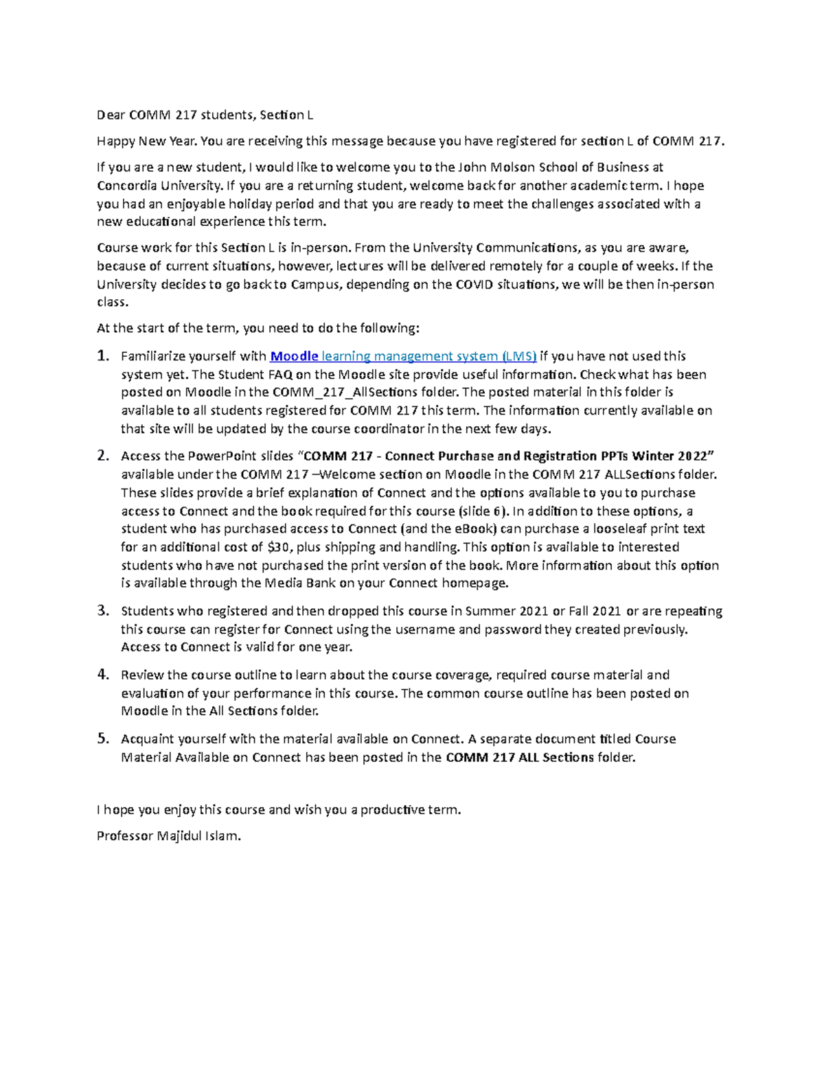 Welcome message-COMM 217-Section L - Dear COMM 217 students, Section L ...