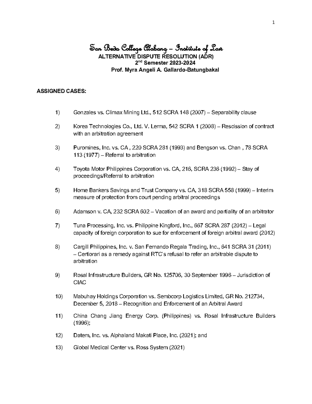ADR- Assigned- Cases - 1 San Beda College Alabang – Institute of Law ALTERNATIVE DISPUTE ...