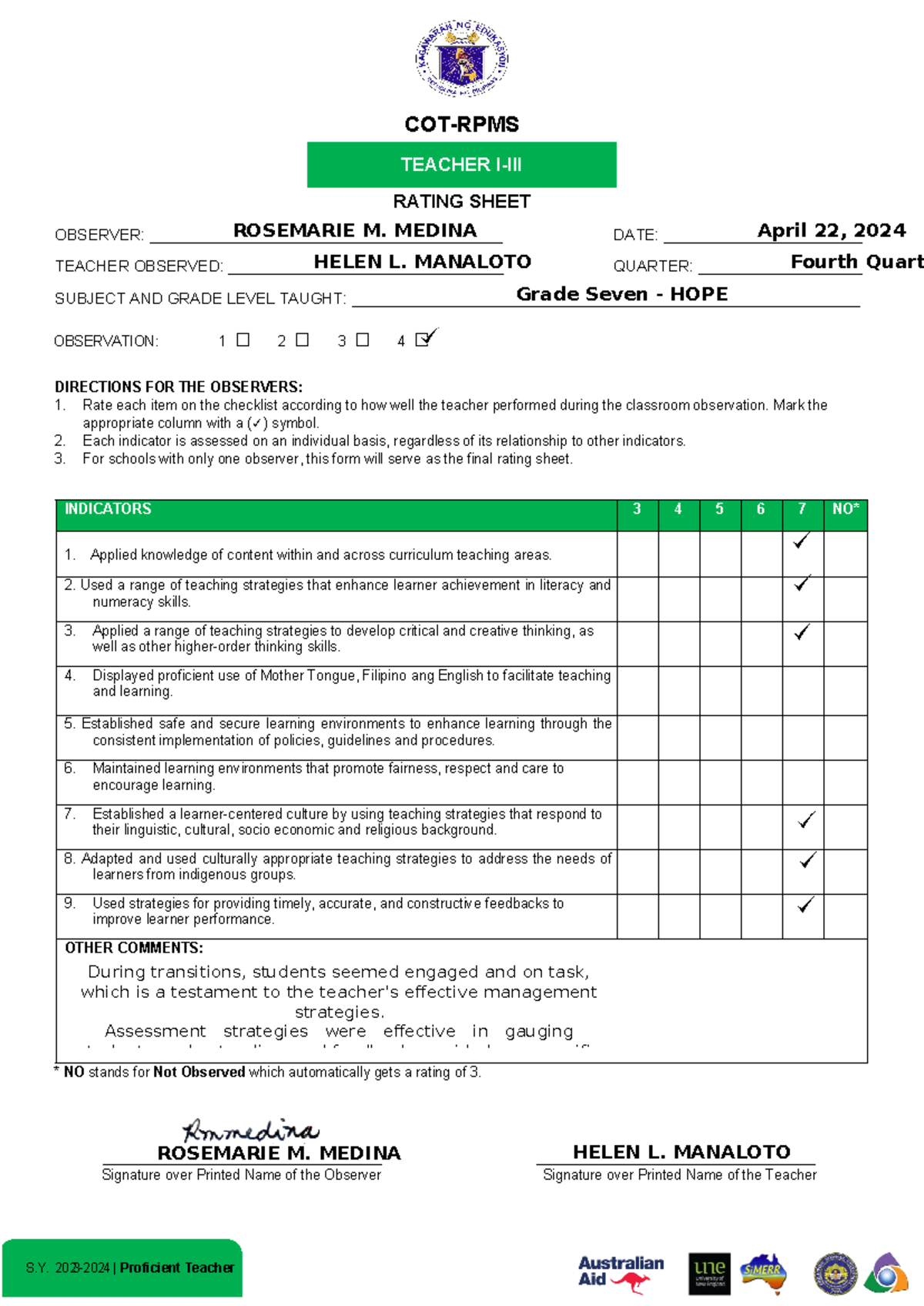 COT 4 - good for teacher resources - COT-RPMS RATING SHEET OBSERVER: - Studocu