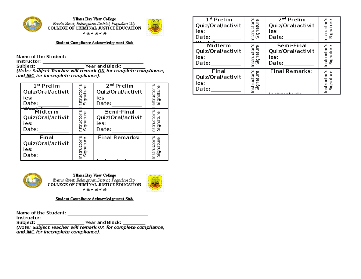 Compliance acknowledment Stab 1 - Yllana Bay View College Enerio Street ...