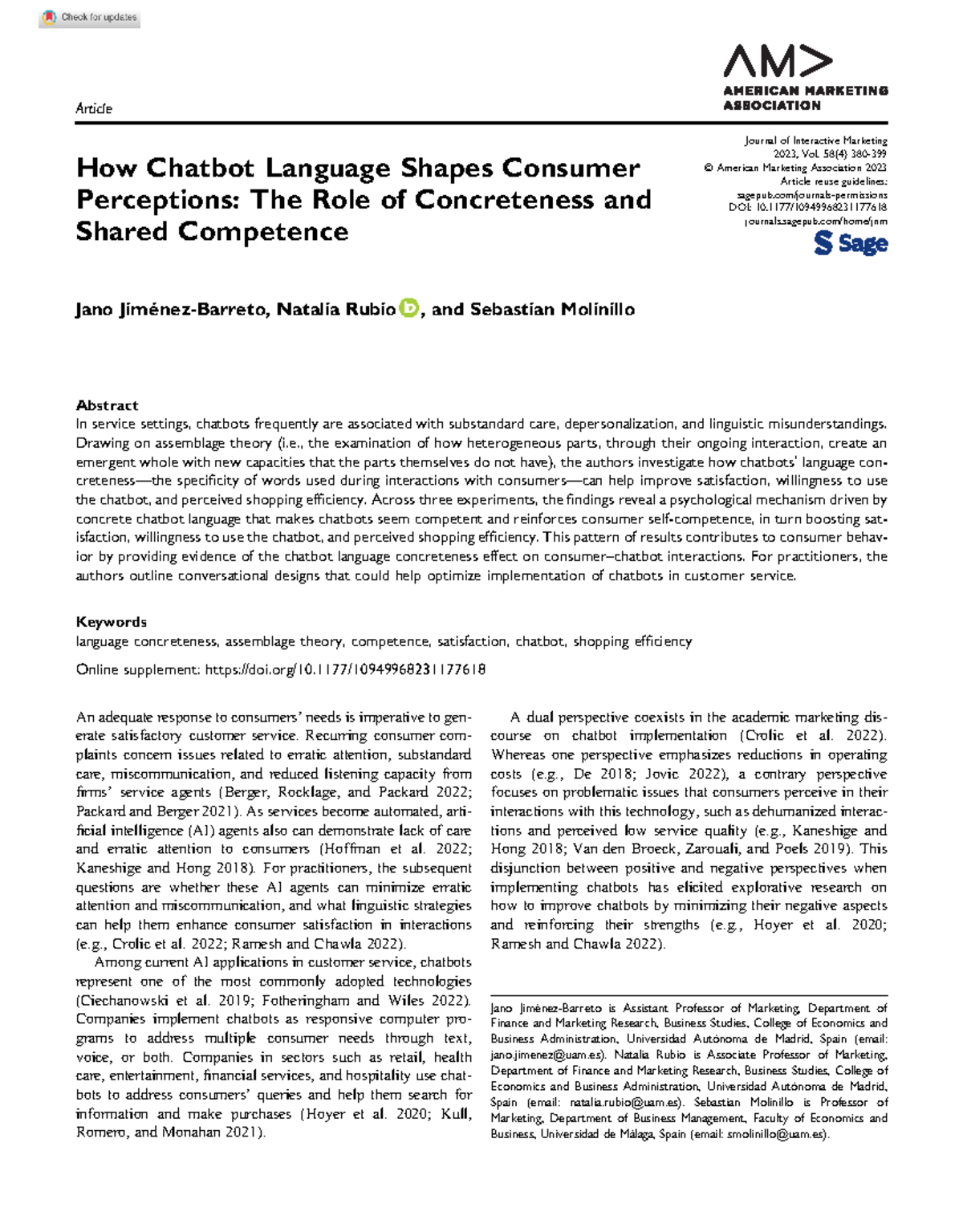 Jimenez barreto et al 2023 how chatbot language shapes consumer perceptions the role of ...