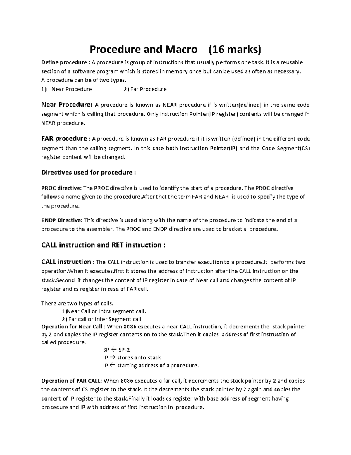 Call Instruction In Microprocessor 8086 Call Instruction Procedure And Macro 16 Marks Define