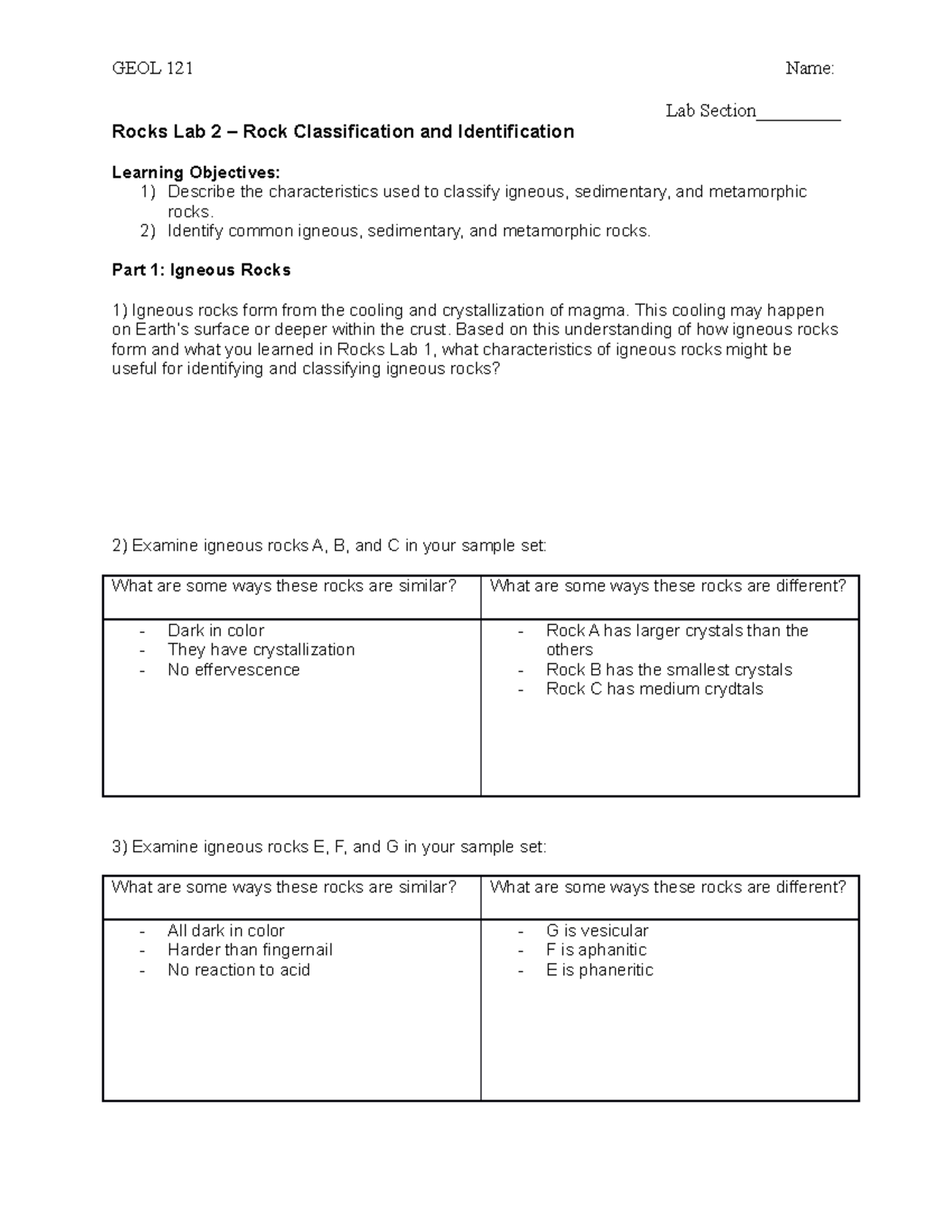 Rocks Lab 2 - GEOL 121 Name: Lab Section_________ Rocks Lab 2 – Rock ...