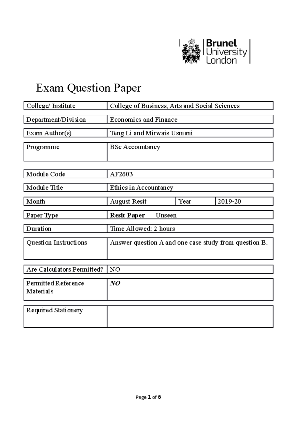 AF2603 Ethics in Accountancy Resit Exam Paper - Exam Question Paper ...