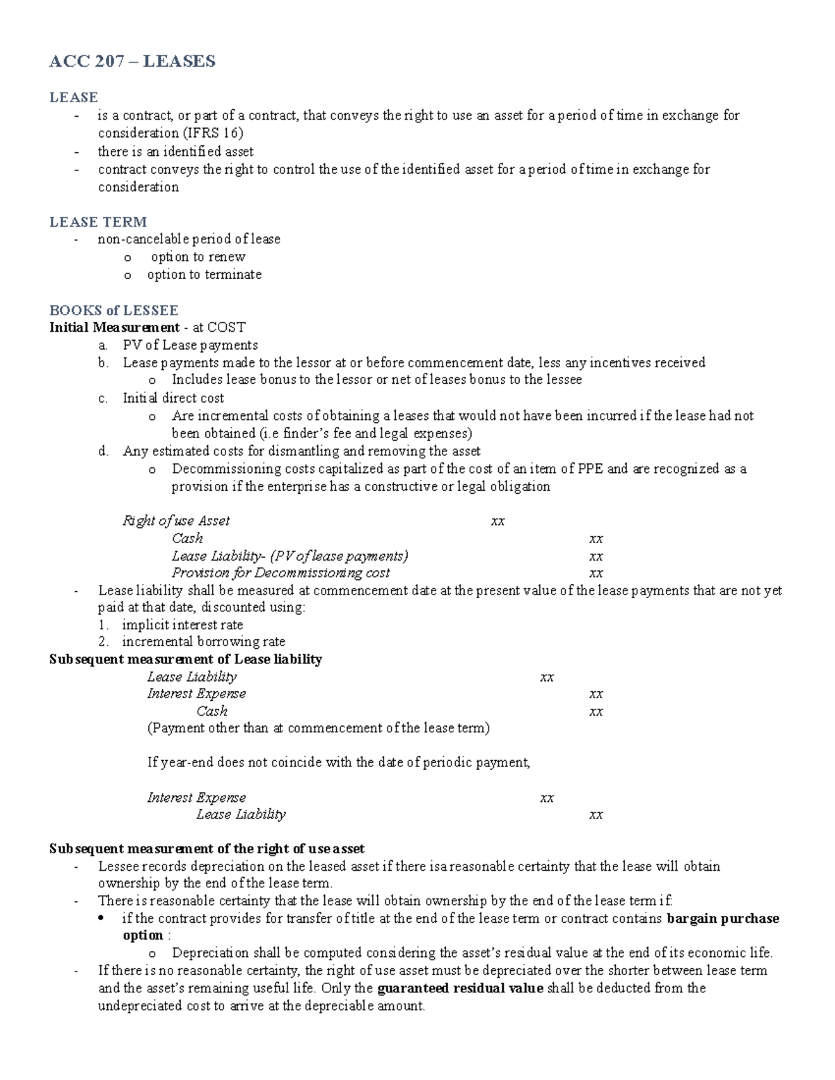 ACC 207 - Chapter 3 Leases - ACC 207 – LEASES LEASE is a contract, or ...