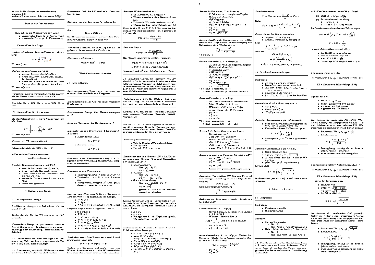 Statistik Formelblatt Kopie - 2 ufungszusammenfassung Version 1 Andreas ...