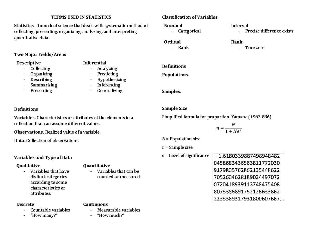 Stats Lecture - Statistics notes. - TERMS USED IN STATISTICS Statistics ...