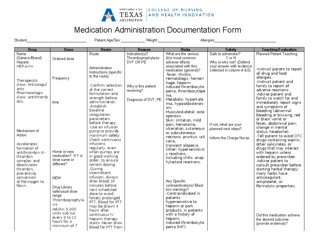 Heparin - Medication sheet - Medication Administration Documentation ...