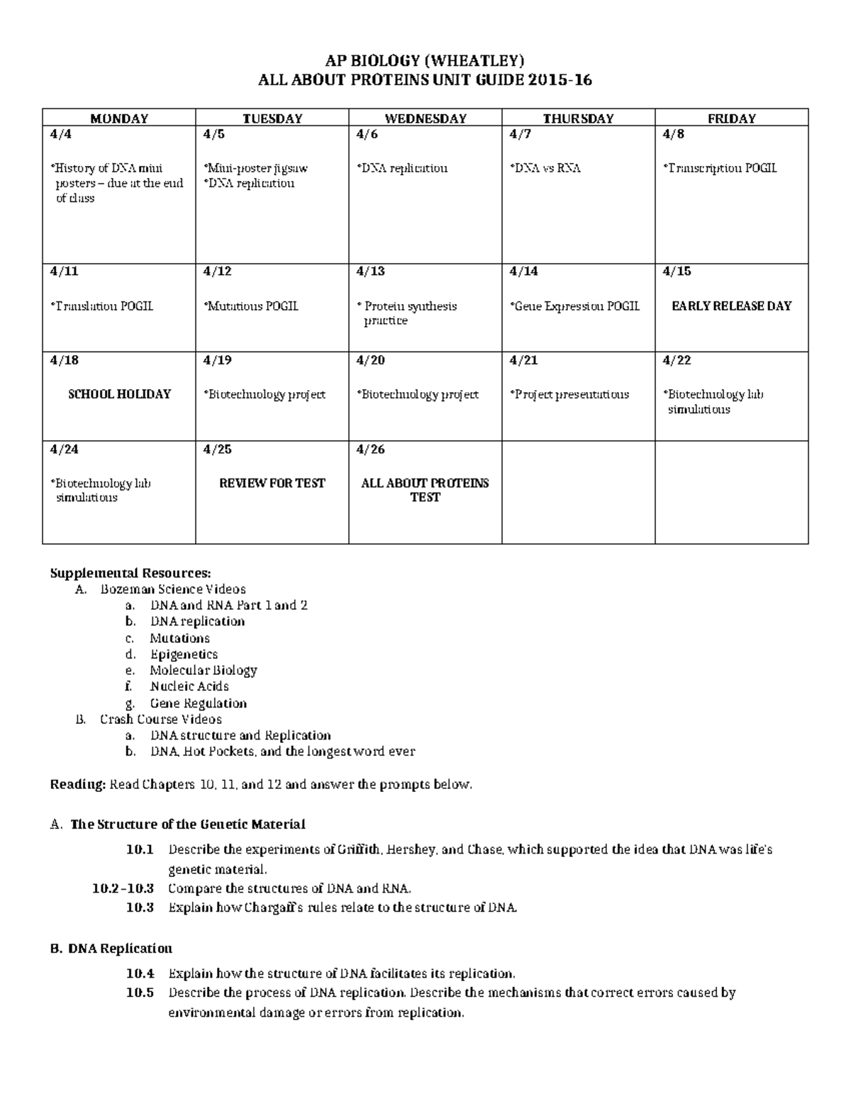 All about proteins unit guide - AP BIOLOGY (WHEATLEY) ALL ABOUT ...